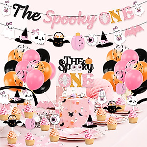 K KUMEED Pink Halloween 1st Birthday Party Decorations,The Spooky One Banner Cute Ghost Eyeballs Pumpkin Cake Topper and Latex Balloons for Halloween First Birthday Girls Birthday Party Supplies