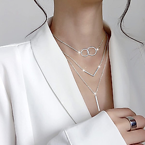 JZMSJF Layered Necklaces for Women S925 Sterling Silver Double Circles 3 Layer Choker Necklaces Jewelry Gift