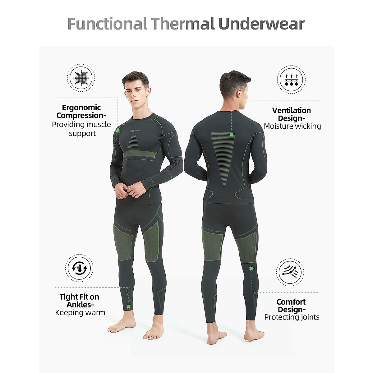 Thermal Underwear for Men Long Johns for Men, Long Underwear Mens Base Layer Men for Cold Weather Black-Green