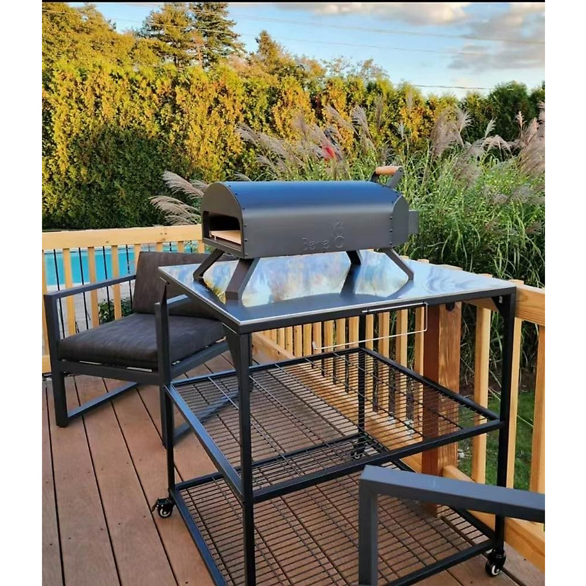 HWGckct Three-Shelf Movable Stainless Steel & Steel Outdoor Dining Cart Table Pizza Oven Protable Grill and Heavy Duty Grill Cart Outdoor Table