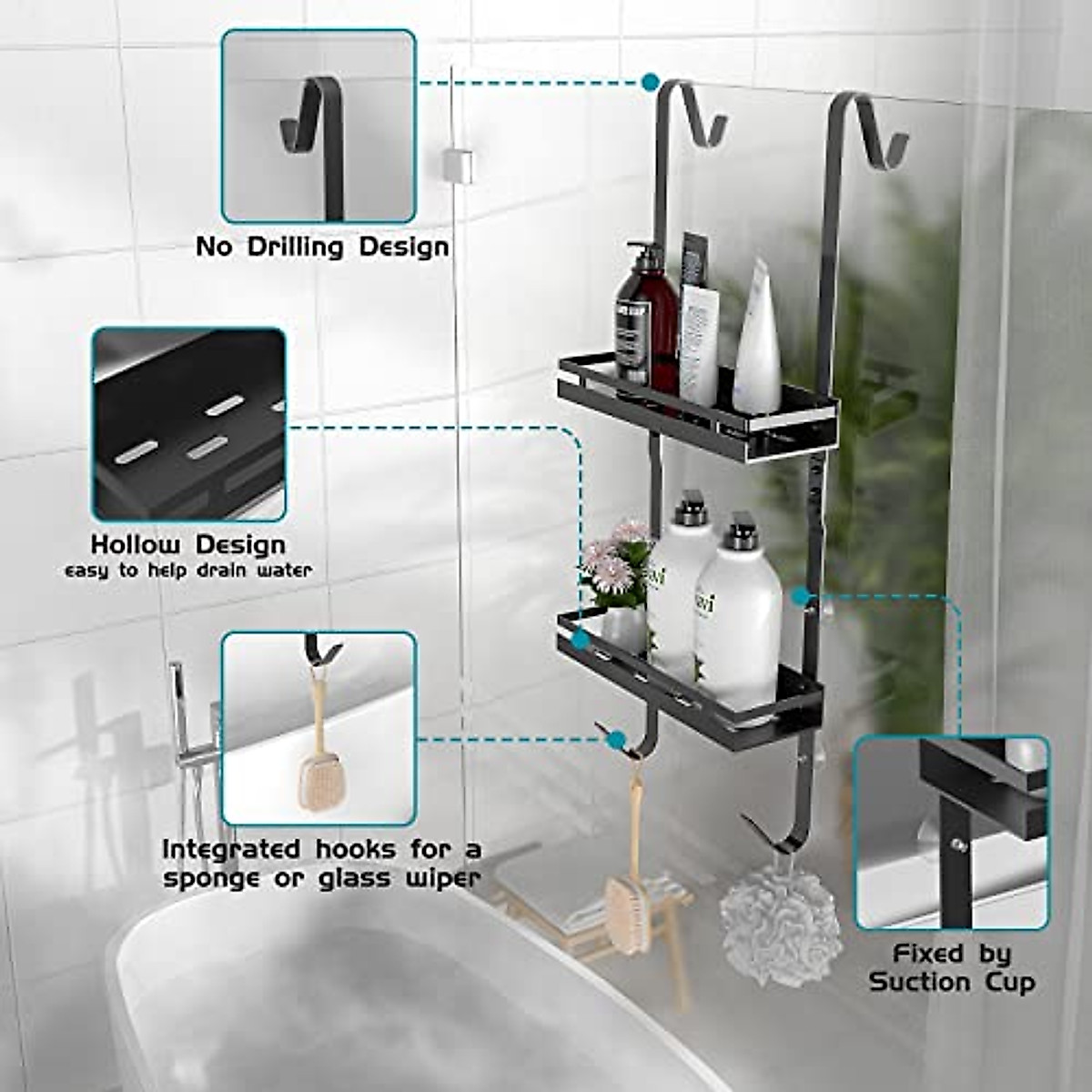 LTTDOUK Over the Door Shower Caddy, Hanging Shower Organizer Stainless Steel Bathroom Storage Rack,Rustproof Hanging Storage Shelves with Baskets (2-Tier, Black)