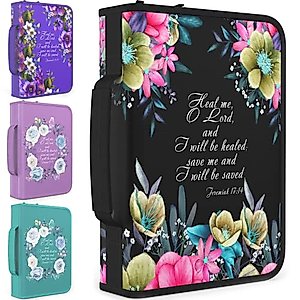 Bible Covers for Women Large Size - Bible Case Carrying Bag Fits Book 10.1 x 7 x 1.9 Inches - Floral Bible Holder for Girls Black Color - Christian Confirmation Recovery Gift Accessories with Pockets