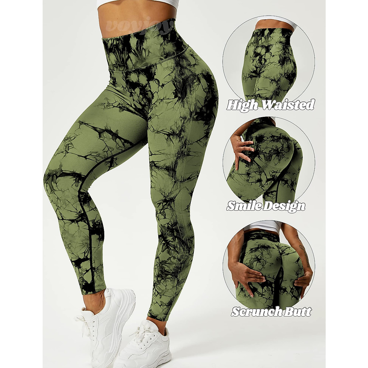 VOYJOY Seamless Leggings for Women High Waist Yoga Pants Scrunch Butt Lifting Elastic Tights Army Green