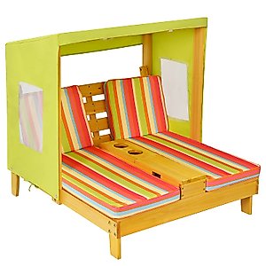 COSTWAY Kids Double Chaise Lounge Outdoor, 2-Seat Patio Lounge Chair with Cup Holders & Cushions, Kids Beach Chair with Canopy, Wood Patio Furniture for Children Boys Girls 3-8 Year Old