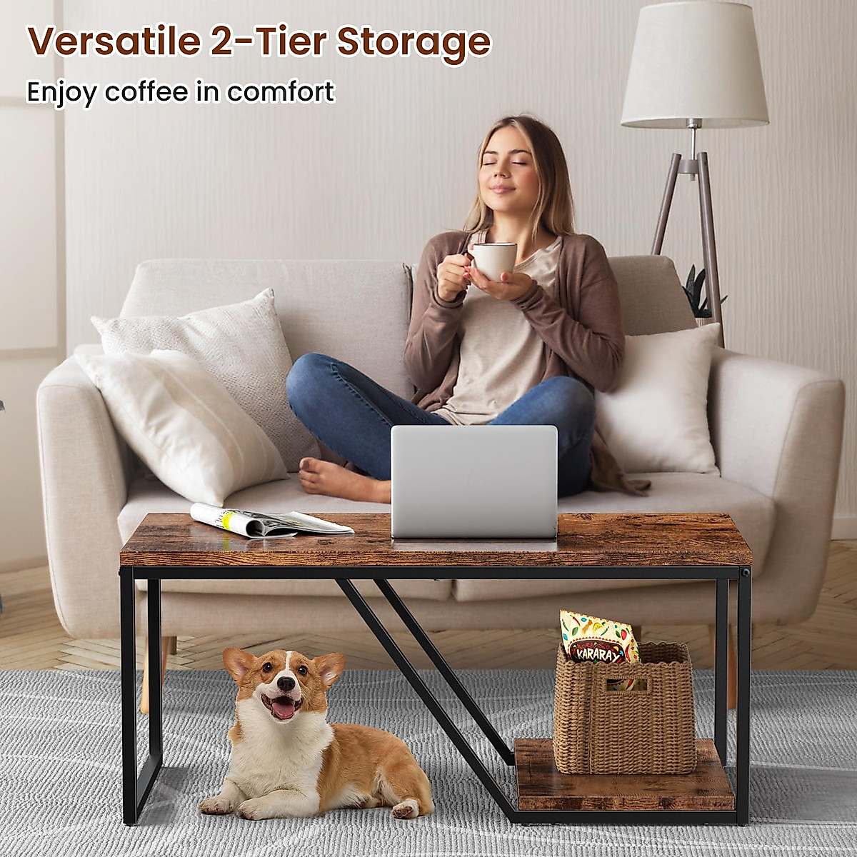 2-Tier Industrial Rectangle Rustic Coffee Table for Living Room Small Spaces, Living Room Center Table with Storage Shelf and Stable Metal Simple Modern Open Design, Easy Assembly, Adjustable Feet