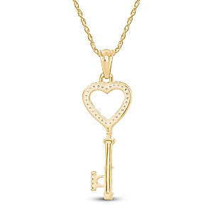 Jewel Zone US White Natural Diamond Accent Heart Key Pendant Necklace in 14K Solid Yellow Gold