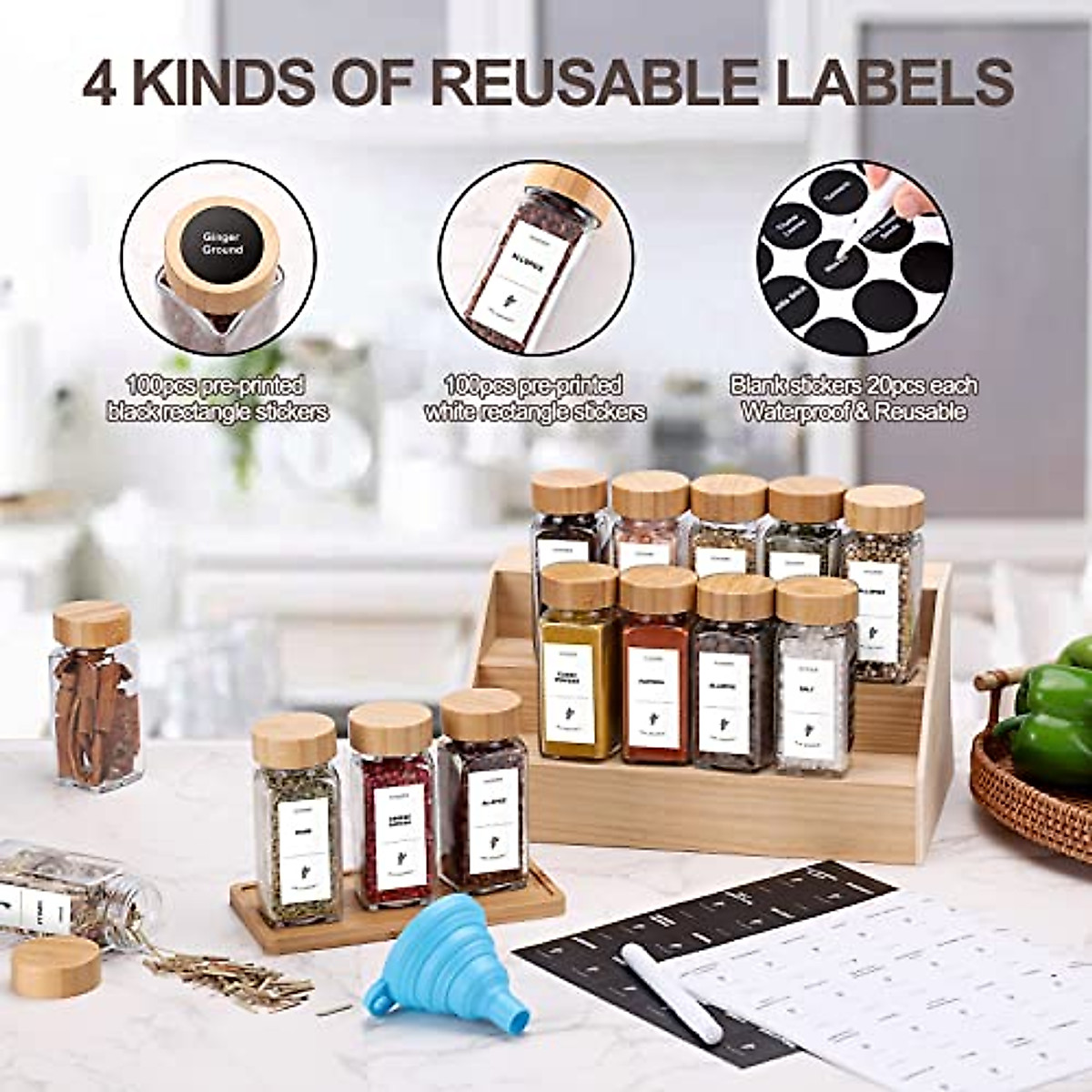CUCUMI 40pcs Spice Jars with Labels 4oz Glass Spice Bottles with Bamboo Lids, Spice Labels Stickers, Shaker Lids, Funnel, Test Tube Brush, Seasoning Storage Containers for Spice Rack, Cabinet, Drawe