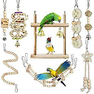 8 Pcs Bird Toy Parrot Swing Chewing Toys- Hanging Wooden Swing Chewing Toy Bells, Ladder Swing for Small Parrots, Macaws, Parakeets, Conures, Cockatiels, Love Birds (011)