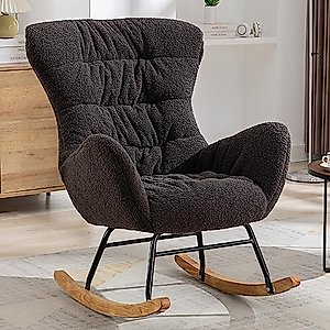 NIOIIKIT Nursery Rocking Chair, Teddy Upholstered Glider Rocker, Rocking Accent Chair with High Backrest, Comfy Rocking Accent Armchair for Living Room, Bedroom, Offices (Dark Grey Teddy)