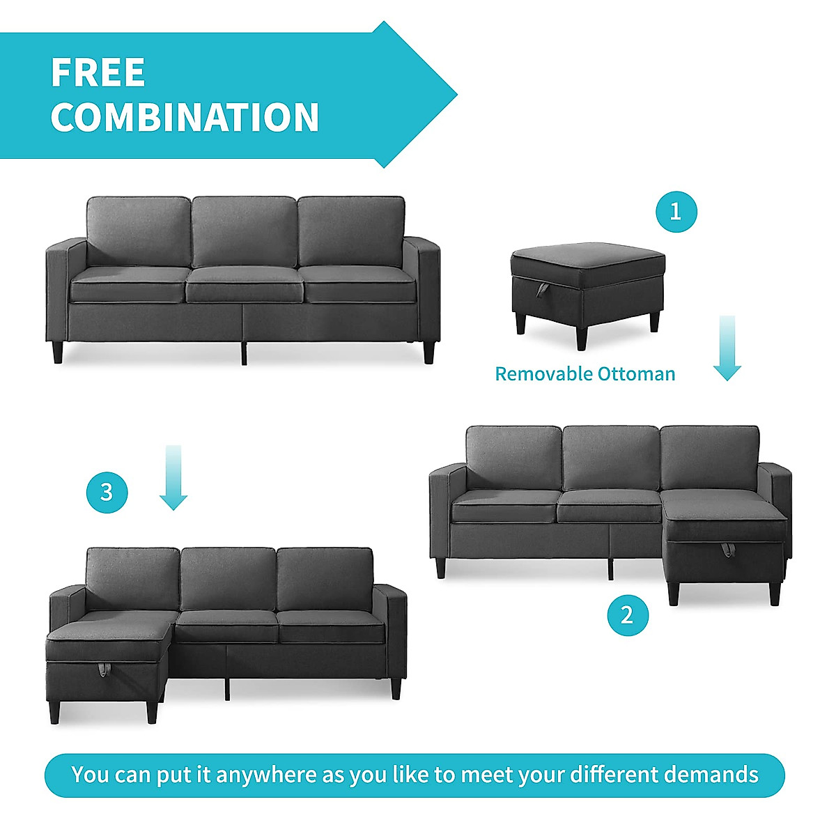 CECER Sectional Sofa, Convertible Couch, L-Shaped Couch with Storage Ottoman, Linen Fabric 3-seat Couches with Movable Ottoman, Chasie Lounge for Small Space-Apartment/Living Room (Dark Grey)