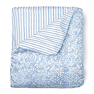 MARTHA STEWART Avery Medallion King Size Duvet, 3 Piece Set-1 Duvet Cover, 2 Pillow Shams, Cotton-Percale, Soft, Reversible, Easy Wash, All Season 104"x92" With Button Closure, Dorm Essentials, Blue