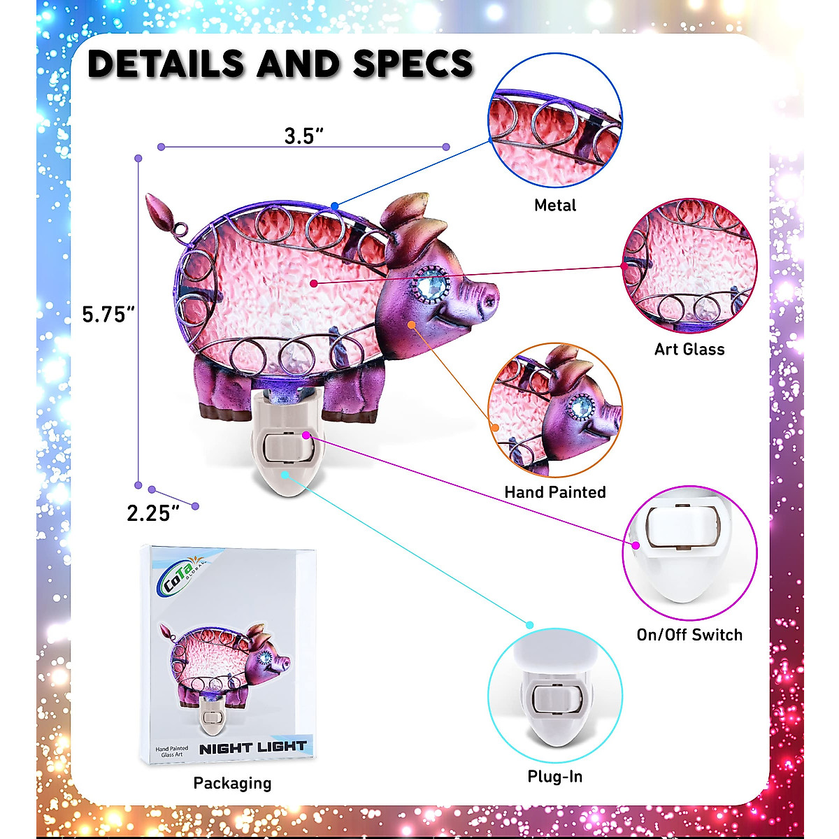 Puzzled Glass Art Night Light, Plug in Decorative Socket Lamp, Manual On & Off Portable Light for Stairway, Bedroom, Bathroom, Nursery, Home Accessory & Kitchen Decor - Pig