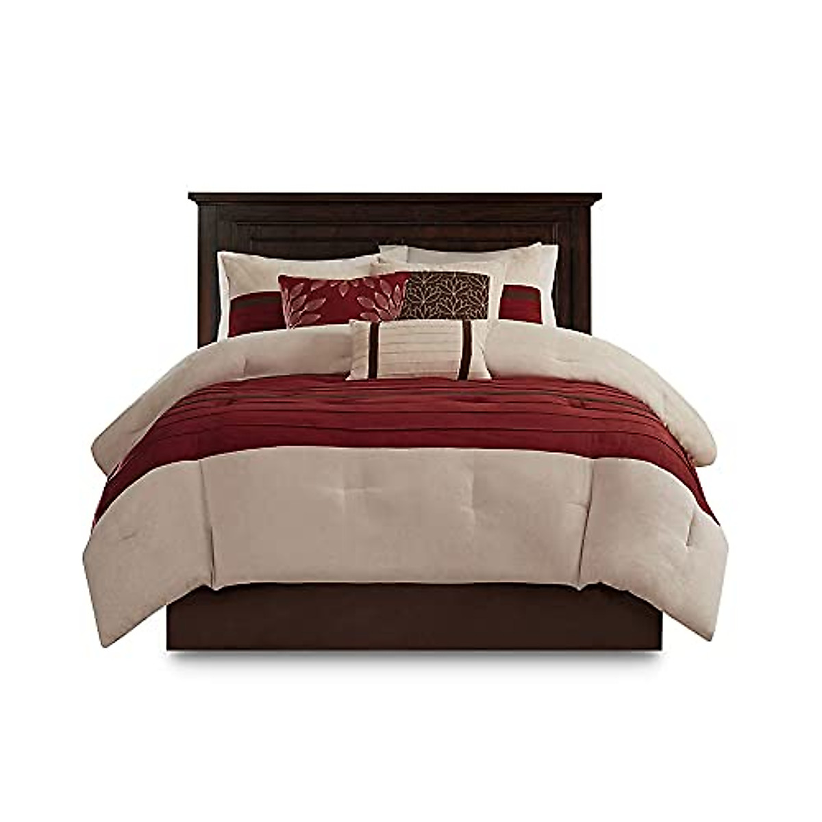 Madison Park Palmer Comforter Set-Luxury Faux Suede Design, Striped Accent, All Season Down Alternative Bedding, Matching Shams, Decorative Pillow, Bed Skirt, King (104 in x 92 in), Red 7 Piece