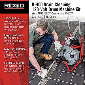 RIDGID K-400 Drain Cleaning 115-Volt Drum Machine Kit with AUTOFEED Control and C-32IW 3/8" x 75' Cable & 35473 K-45AF Sink Machine with C-1 5/16 Inch Inner Core Cable and AUTOFEED Control