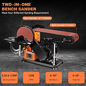 DAJYAWON Belt Sander, 4 x 36 in. Belt and 6 in. Disc Sander, 3.2-Amp 2/3HP Belt Disc Sander Combo with 2 Dust Collection Port, Bench Belt Sander for Woodworking, Metal Working