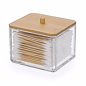 Hipiwe Acrylic Q-Tip Holder Dispenser with Lid Clear Plastic Bathroom Canisters Square Apothecary Jar Set Cotton Swab and Ball Storage Organizer for Cotton Round Pads, Floss