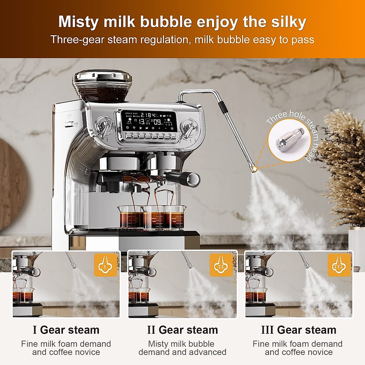 Mcilpoog TC530 Espresso Machine with Milk Frother，Semi Automatic Coffee Machine with Grinder,Easy To Use Espresso Coffee Maker with 5.5 inch Large Screen,15 Bar Pressure Pump,PID Temperature Control.