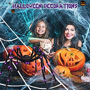 Spider Webs Halloween Decorations, 59'' Light-up Giant Spider + 236'' Giant Triangular Spider Web + 0.08lb Stretch Cobwebs for Indoor and Outdoor Patio Party Haunted House Decoration(Black Plush)