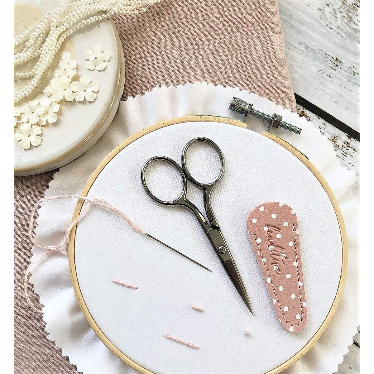 Beaditive Classic Embroidery Scissors with Leather Sheaths - Sewing, Embroidery, Crafting - Stainless Steel Pink