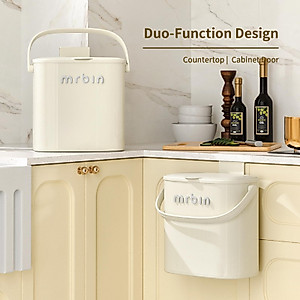 MRBIN Compost Bin Countertop and Hanging Kitchen Trash Can with Lid, Small Metal Dustbin for Food Waste Recycle Indoor, White