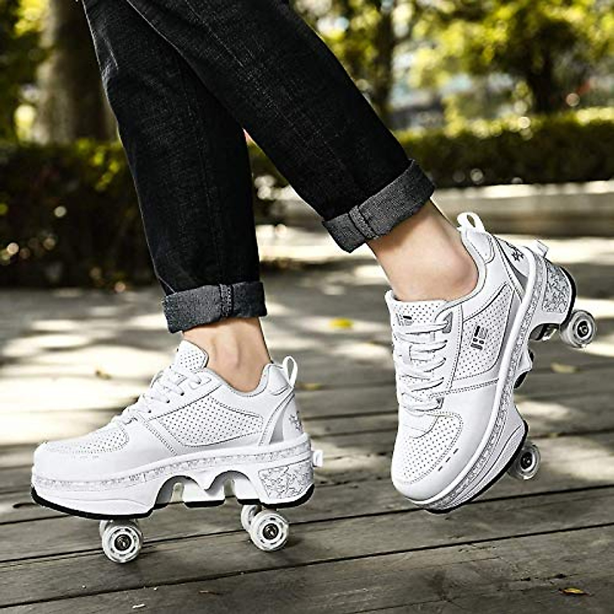 Roller Skates for Women Outdoor,Parkour Shoes with Wheels for Girls/Boys,Kick Rollers Shoes Retractable Adults/Kids,Quad Roller Skates Men,Unisex Skating Shoes Recreation Sneakers,Silver-6.5US