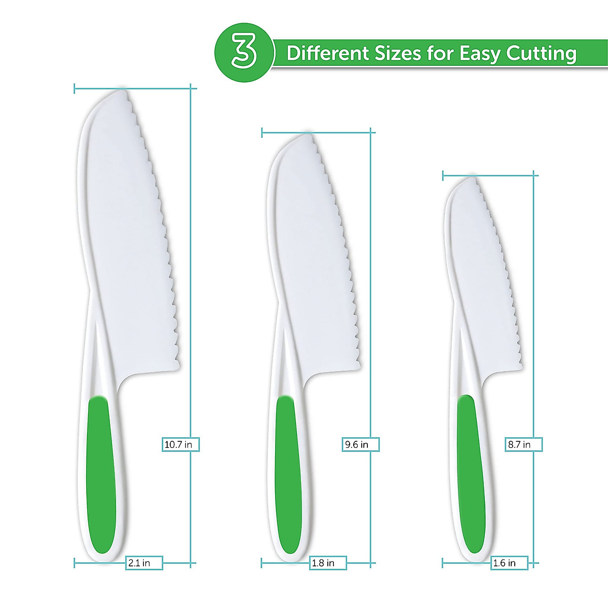 Ragazzacucine Kids Knife Set of 3 - Firm Grip, Serrated Edges & Safe – Colorful Nylon Toddler Cooking Knives to Cut Fruits, Salad, Cake, Lettuce (Green)