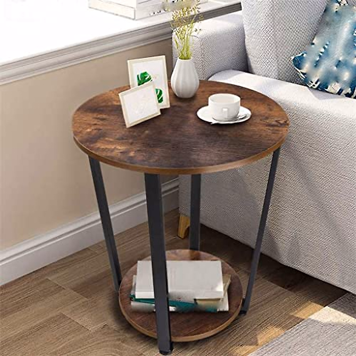 LIRUXUN Round Coffee Table with Storage Shelf Easy to Assemble Style Furniture with Steel Shelf Rustic Brown