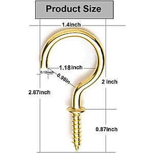 XeeDoo Cup Hooks for Hanging,12 Pack 2 inch Metal Screw in Ceiling Hooks Heavy Duty Brass Plated Hooks Holders for Outdoor Indoor,Gold