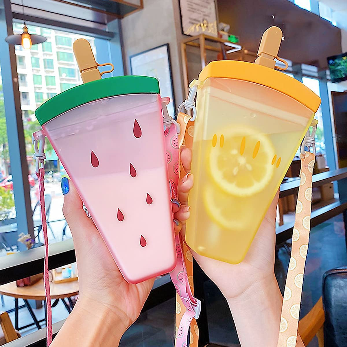 12Oz (350ML)Cute Water Bottles with Straws, Creative Kawaii Popsicle Cups, Leakproof Plastic Popsicle Bottles with Shoulder Strap, Multi-Colored Juice Drinking Bottle Suitable for Adult Children
