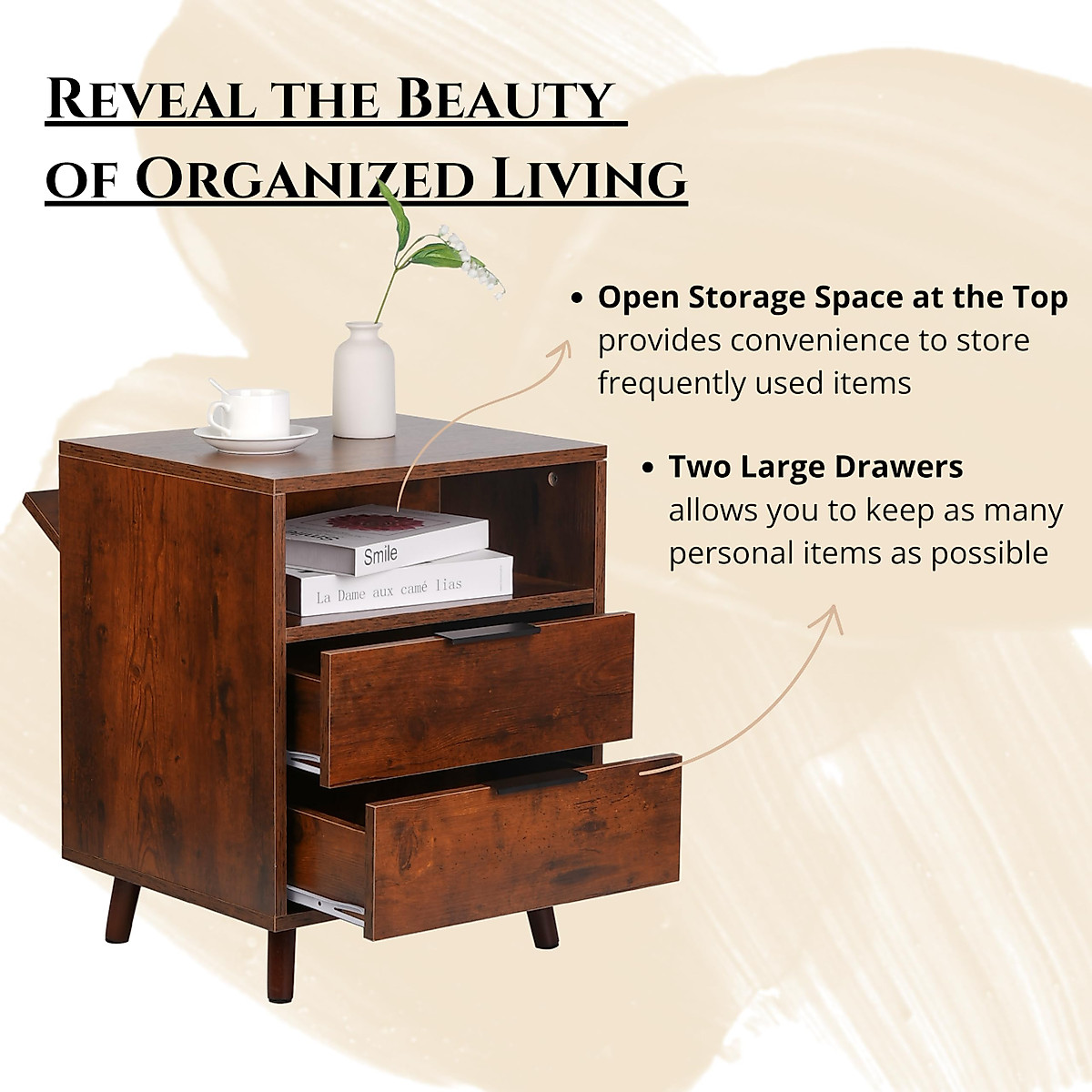 Nightstand with Hidden Compartment | Mid Century Modern Nightstand with Concealed Storage | Vintage Bedside Table | Perfect for Storing Small Valuables (1, Brown, Large)