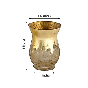 Tableclothsfactory Pack of 2 8" Tall Handmade Gold Foil Crackle Glass Vases Hurricane Candle Holders