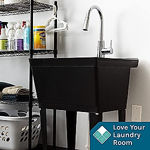 Laundry Sink Utility Tub With High Arc Metal Pull Down Faucet By JS Jackson Supplies Parent (Chrome Faucet, Black Tub)