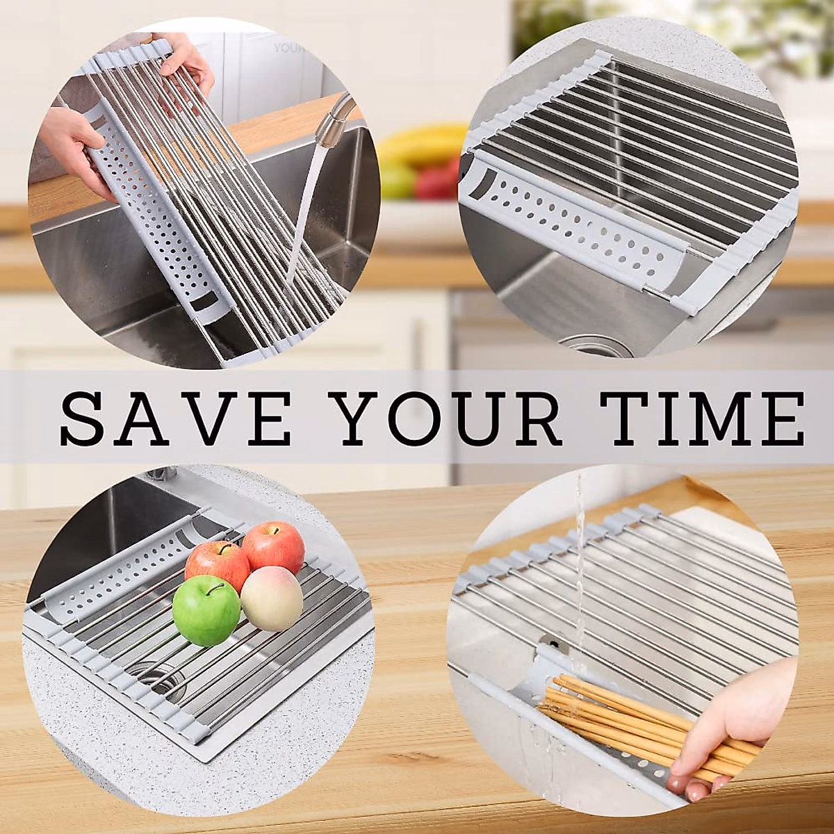Roll Up Dish Drying Rack, Foldable Silicone-Coated Stainless Steel Dish Drainer for Kitchen, Over The Sink Dish Drying Rack, Gray Multipurpose for Kitchen, Black (RXCEWR)