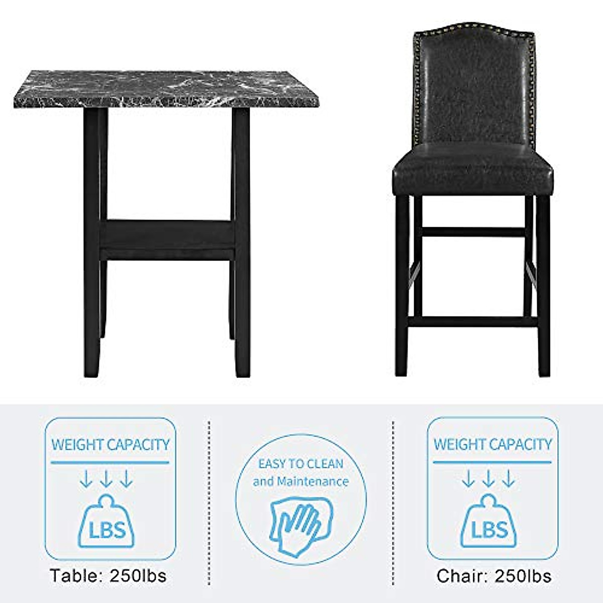 RUNWON Modern 5-Piece Set with 4 Padded Dining, Faux Marble Top Table and Black Chair for Kitchen, Gray