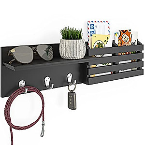 Ballucci Key Holder for Wall Decorative, Mail Organizer Wall Mount Sorter Rack with 3 Key Hooks for Wall, Entryway Shelf Mail Holder Key Hanger Key Rack, Rustic Home Decor for Entrance Kitchen - Black