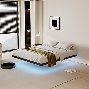 qimamo 14 Inch Floating Queen Bed Frame with Smart LED Lights and Charging Station, Modern Metal Queen Bed Frame, Easy to Assemble, No Box Spring Needed (Queen)