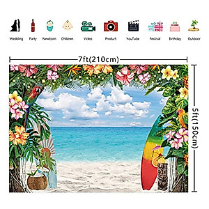 Summer Hawaiian Beach Backdrop Tropical Flowers Luau Photography Background Surfboard Blue Sky Ocean Palm Leaves Aloha Party Decorations Large Tiki Birthday Photo Booth Props