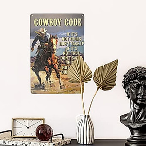 Vintage Tin Sign Art Cowboy Metal Poster Cowboy Metal Tin Signs Cowboy Riding Horse Cowboy Code Poster Retro Metal Logo Poster Home Kitchen Bar Cafe Bathroom Wall Decor Gifts 8x12 inch
