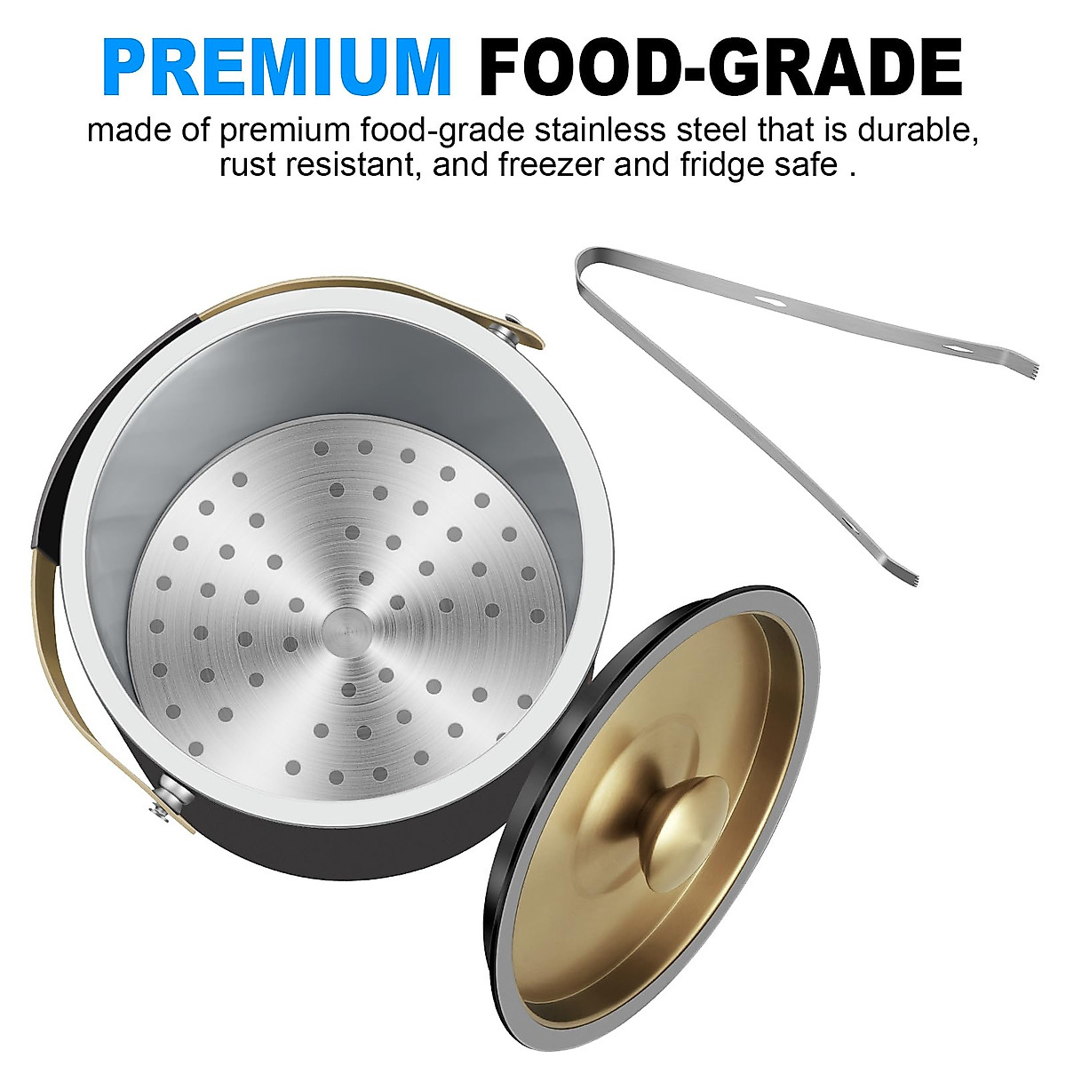 3.2L Modern Insulated Ice Bucket with Silicone Lid, Tongs, Strainer, Double Wall Stainless Steel Ice Bucket for Parties & Cocktail Bar,Ideal for Gift