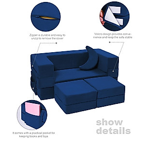 Elftopia Modular Kids Sofa,Toddler Couch Foam Armchair for Kids, Children Convertible Plush Sofa Play Set,Fold Out Sofa Bed(Navy)