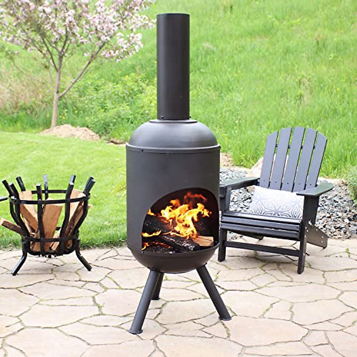 Sunnydaze 5-Foot Black Cold-Rolled Steel Modern Chiminea with Durable Wood Grate - Heat-Resistant Paint Finish