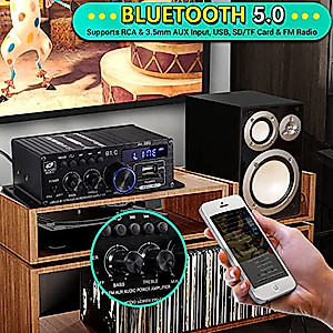 Facmogu AK380 Max 200Wx2 Mini Audio Power Amplifier, RMS 40Wx2 2.0 CH Bluetooth Receiver Speaker Amp with 12V 5A Power Supply, Bass & Treble Control Music Player Sound Amplifier for Car Home Garage