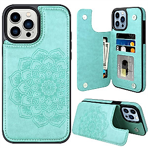 MMHUO for iPhone 15 Pro Max Case with Card Holder, Flower Magnetic Back Flip Case for iPhone 15 Pro Max Wallet Case for Women, Protective Case Phone Case for iPhone 15 Pro Max,Mint