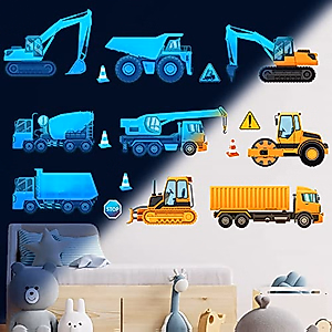 Construction Wall Decals Glow in The Dark Wall Stickers City Vehicles Car Wall Decal Luminous Truck Excavator Tractor Decals Transportation Sticker Boys Kids Bedroom Playroom Nursery Ceiling Decor
