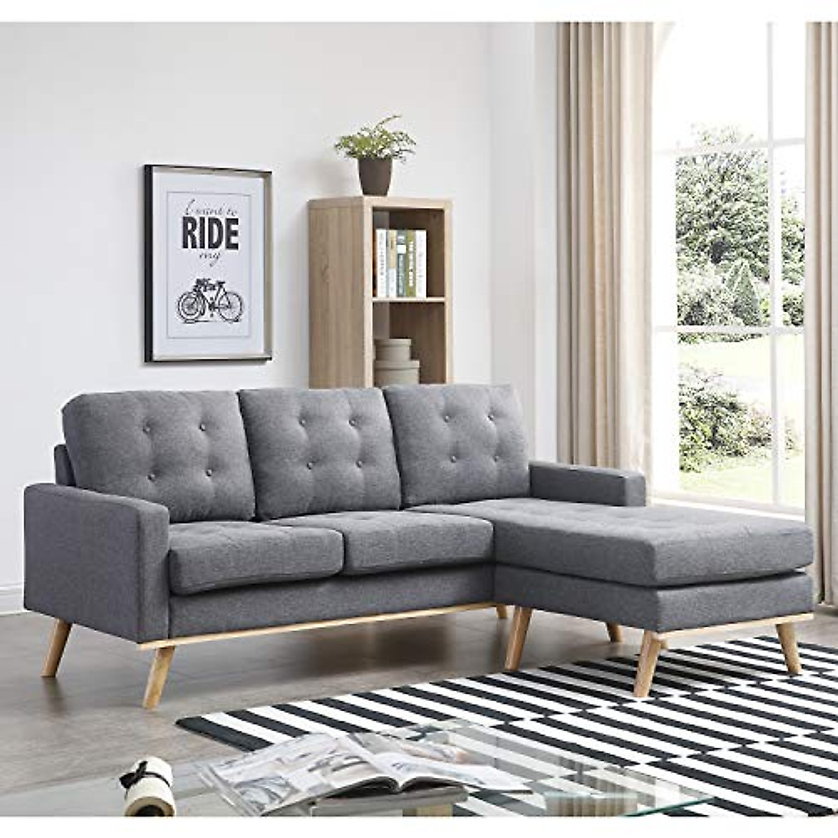 AC Pacific Shelby Mid Century Modern Living Room Tufted Sectional Set, LF, Pewter Grey