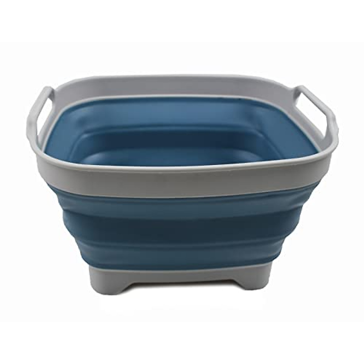 SAMMART 7.5L (2 Gallons) Collapsible Dishpan with Draining Plug - Foldable Washing Basin - Portable Dish Washing Tub - Space Saving Kitchen Storage Tray (Grey/Steel Blue, 1)