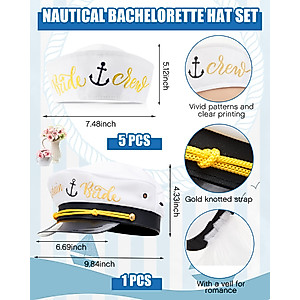 6 Sets Nautical Bridal Shower Hat Set - Women's Bride Captain Hat with Veil, Crew Sailor Hat, Fanny Pack, Heart Sunglasses for Bachelorette Party Boat Supplies