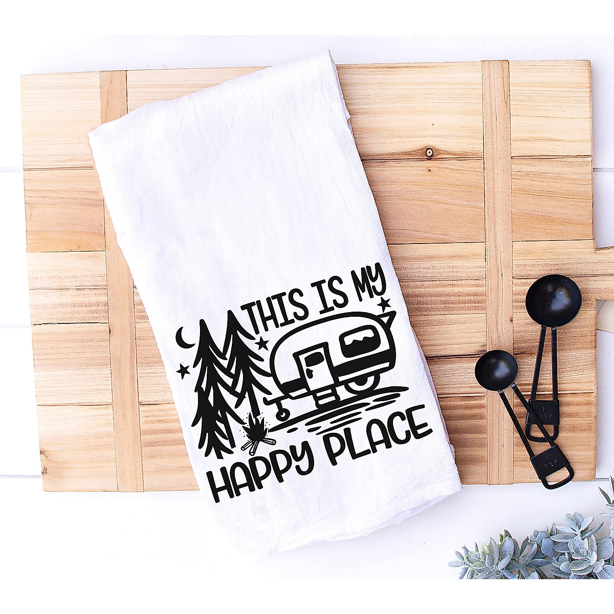 Handmade Funny Camping Kitchen Towel - 100% Cotton Funny Sayings Dish Towel for RV Camping Accessories- 28x28 Inch Perfect for Housewarming-Christmas-Camping Gifts (This is My Happy Place)