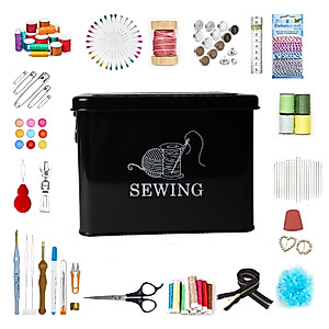 Xbopetda Metal Sewing Box, Sewing Kit Storage Box, 2-Tier Sewing Basket with Removable Tray, Sewing Supplies Organizer, Sewing Storage Box for Sewing Accessories, Scissor, Thread, Pins, Clips (Black)