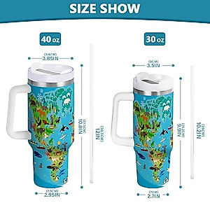 Slewiaeky Tumbler with Handle 40 oz Animal Map Children Travel Mug with Lid and Straw Stainless Steel Vacuum Insulated Water Bottle Cup for Iced Tea Coffee Cold Beverages Cup Holder Friendly